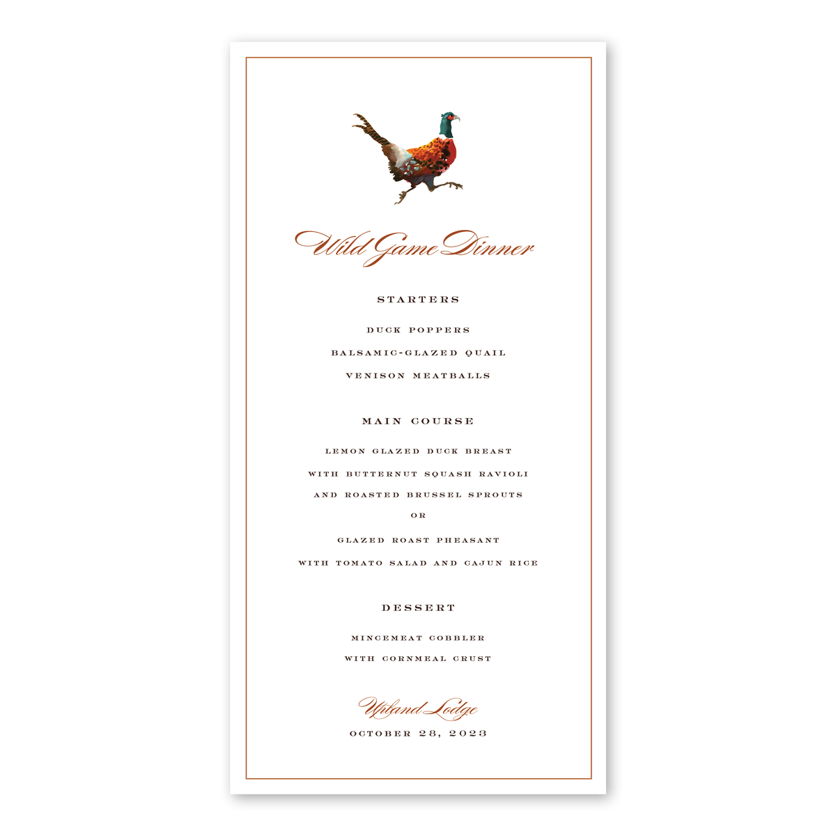 Festive Fowl Pheasant Menu– Dogwood Hill